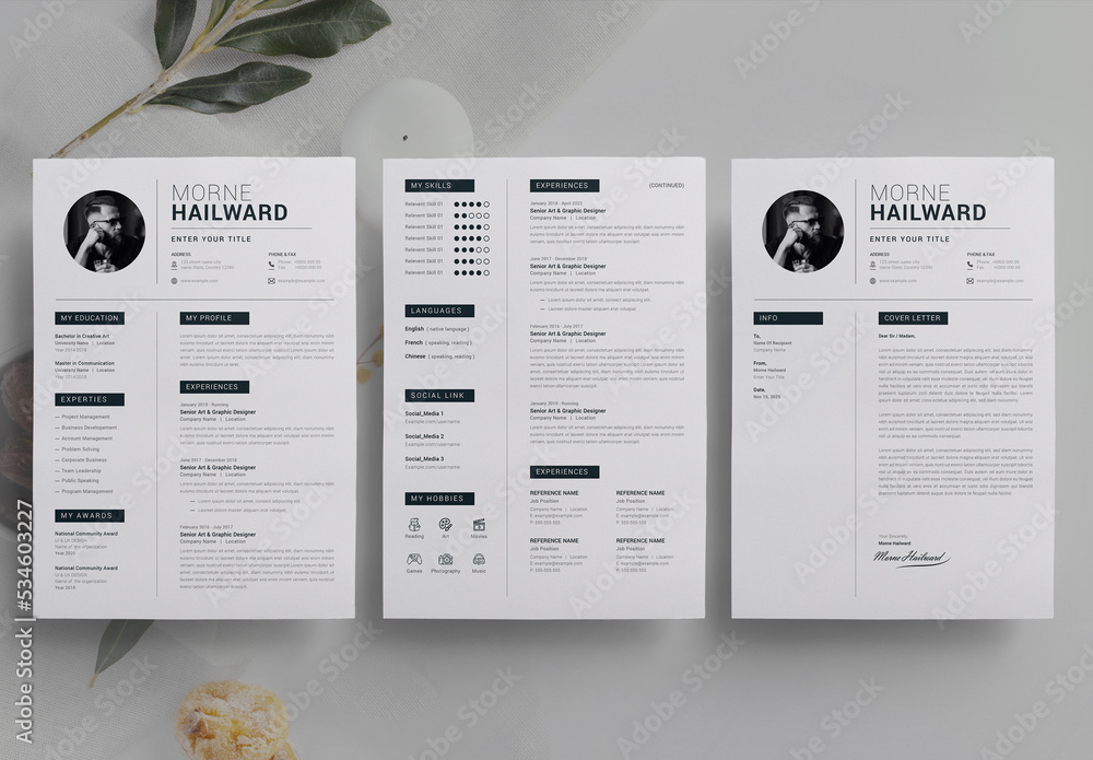 Minimal CV Layouts with Cover Letter Black & White Clean Accents Stock ...