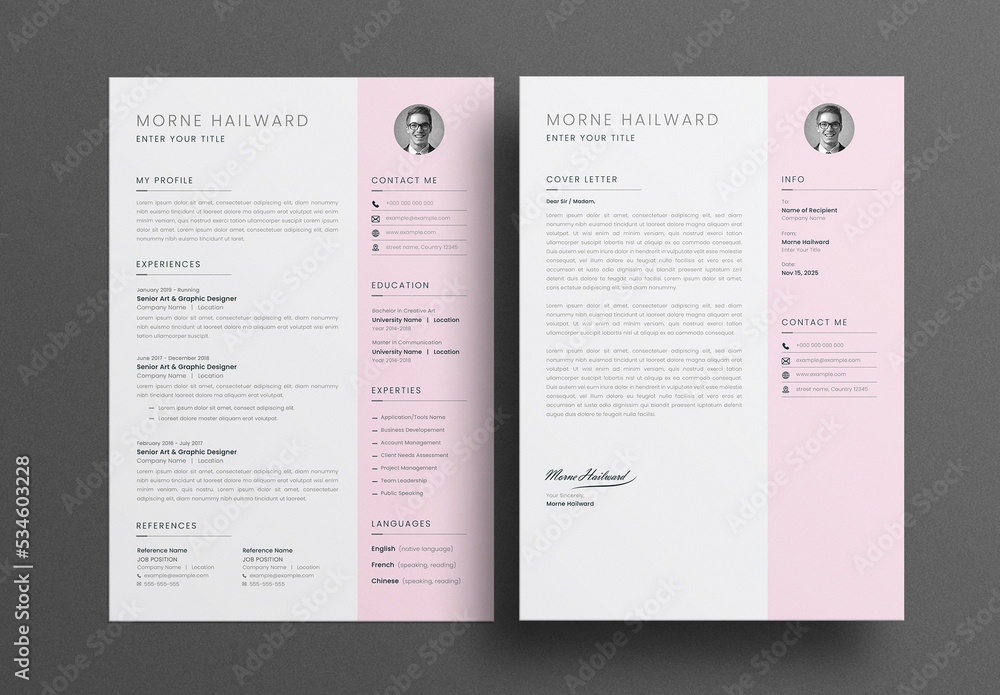 Elegant Resume Layouts with Cover Letter Layout Pink Accents Stock ...