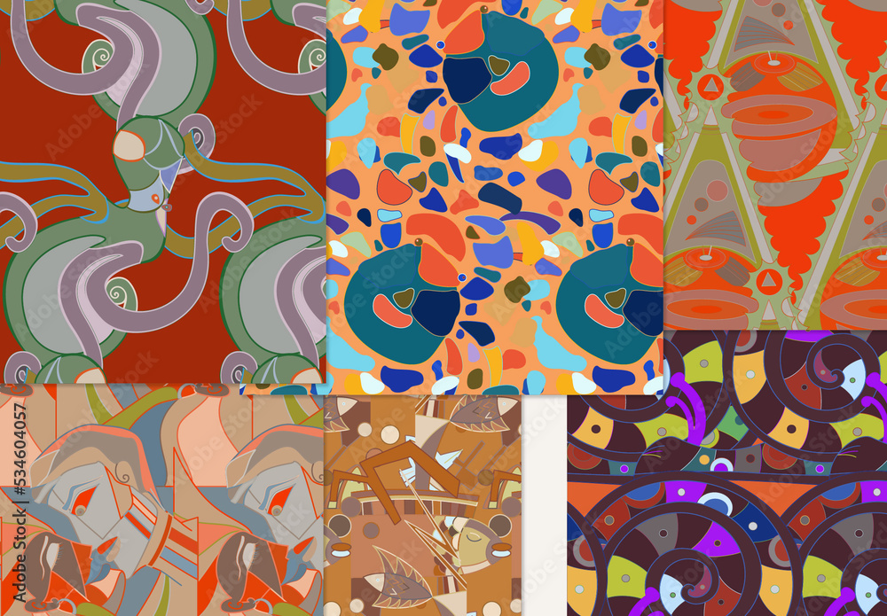 Set of Abstract Seamless Patterns with Cubism Art Elements and Graffiti ...