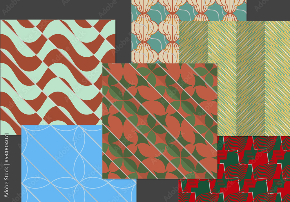 Seamless Pattern Set with Retro Colored Geometric Shapes and 3D Shadow ...