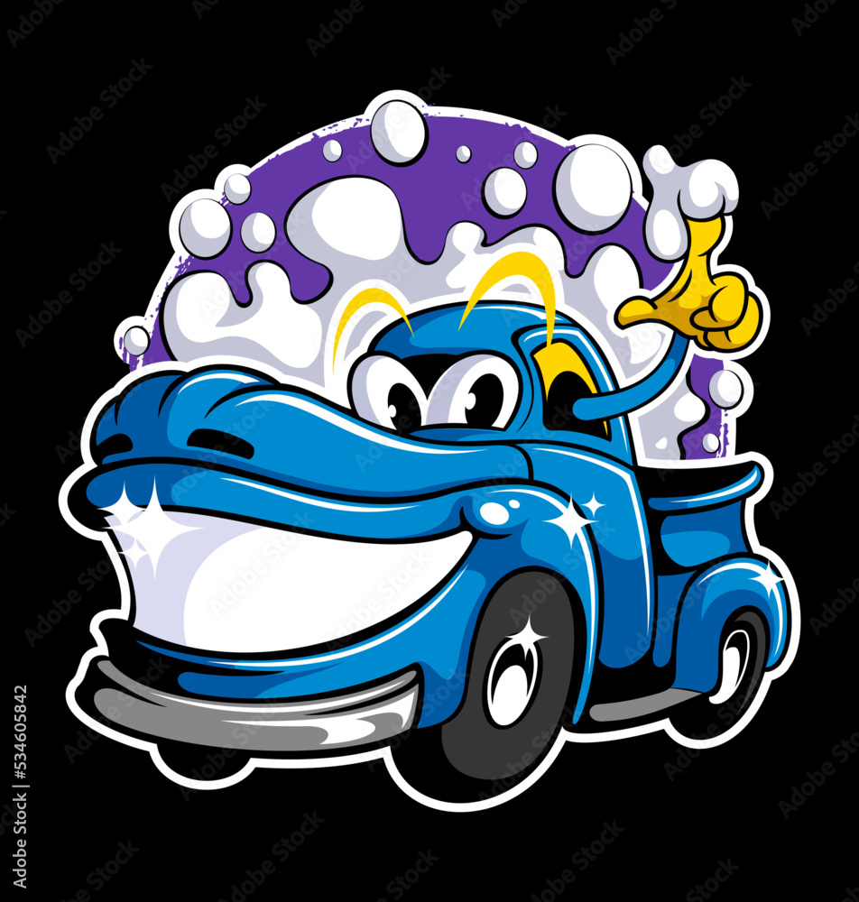 Cartoon style funny retro car illustration. Car wash logo design ...