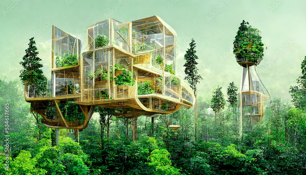 Spectacular image of a sustainable tree house surrounded by greenery in ...