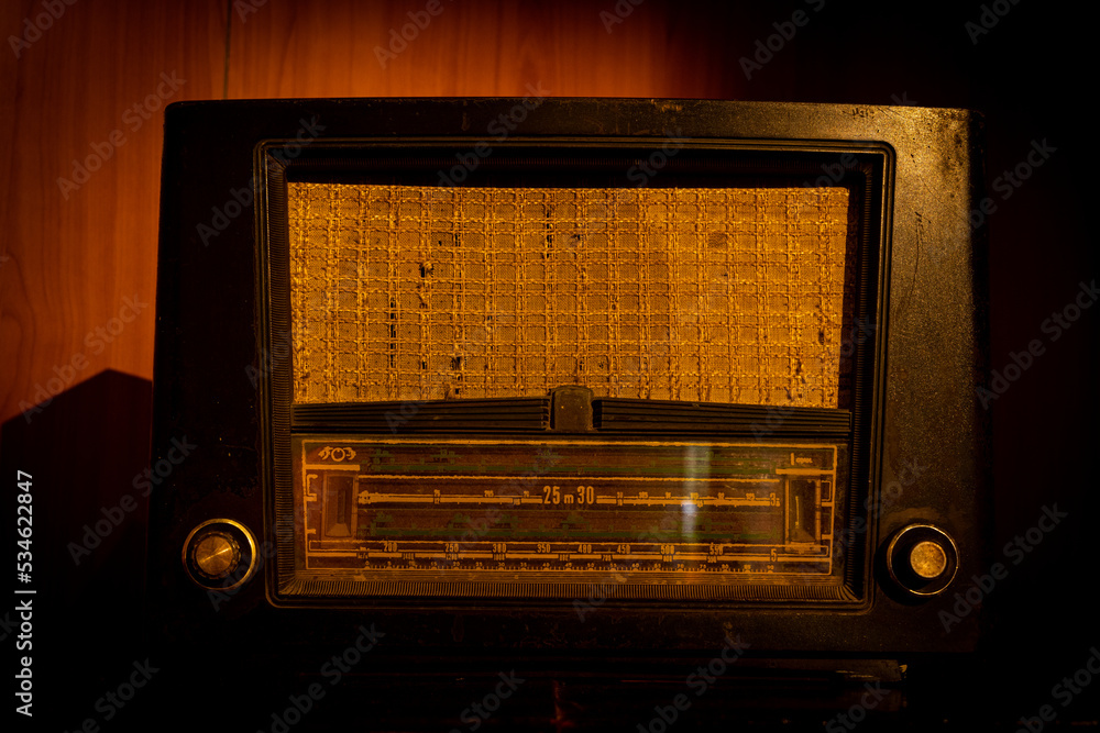 old 1950s retro Vintage fashioned radio with volume tuner knob and ...