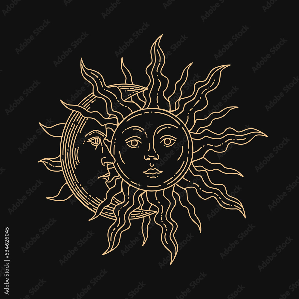 Vetor de Vector illustration of the moon and the sun. Hand drawn ...