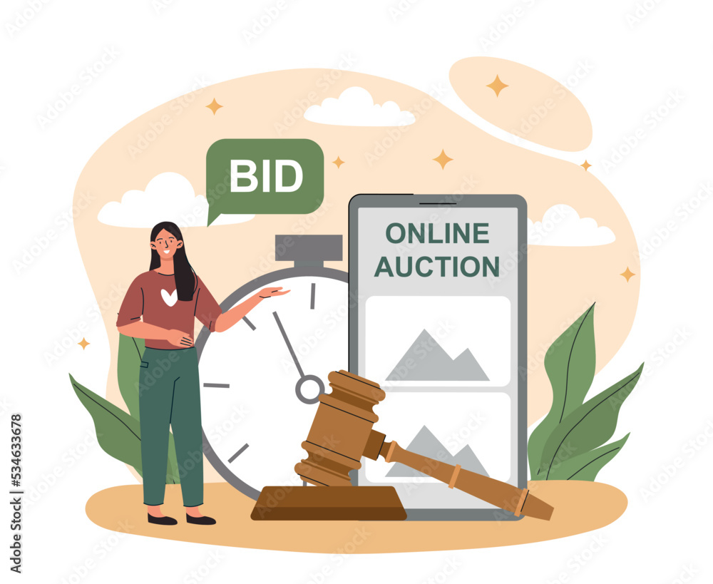 Online auction concept. Woman sells goods on Internet, counts down time ...