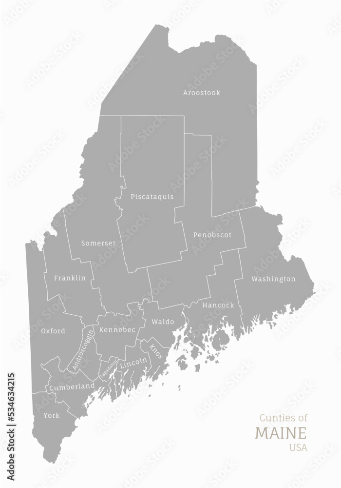 Highly detailed gray map of Maine, US state. Editable administrative ...