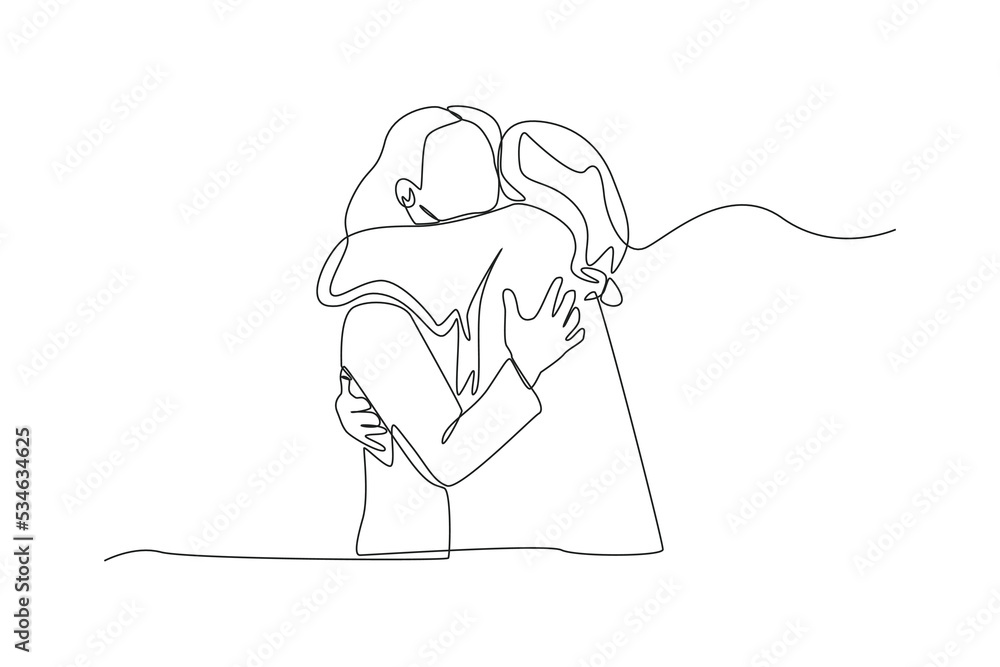 Single one line drawing the women hugging for a sign of a love. Giving ...