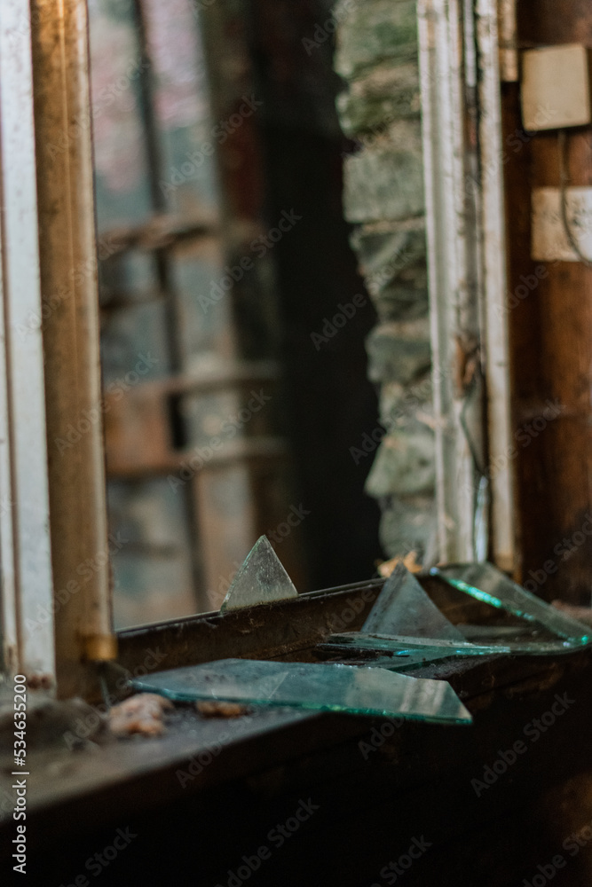 Reflection in Broken Glass in Abandoned Dirty House Stock Photo | Adobe ...