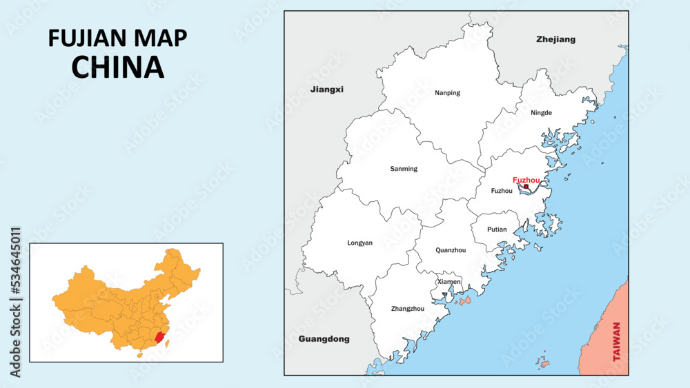 Fujian Map of China. State and district map of Fujian. Administrative ...