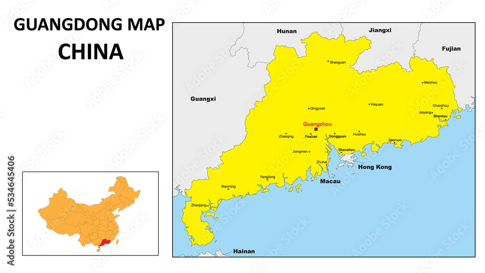 Guangdong Map of China. Major city map of Guangdong. Political map of ...
