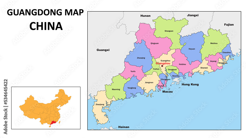 Guangdong Map of China. State and district map of Guangdong. Political ...