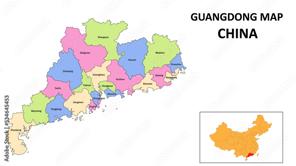 Guangdong Map of China. State and district map of Guangdong. Detailed ...