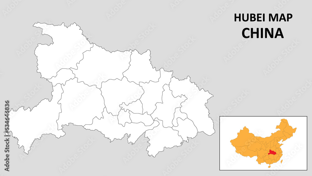 Hubei Map of China. Outline the state map of Hubei. Political map of ...