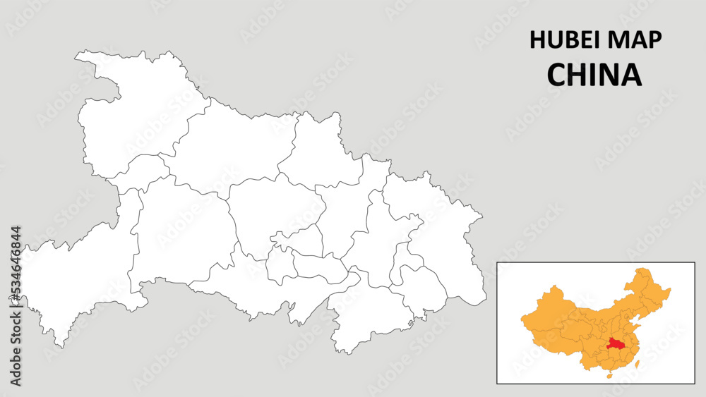 Hubei Map of China. Outline the state map of Hubei. Political map of ...