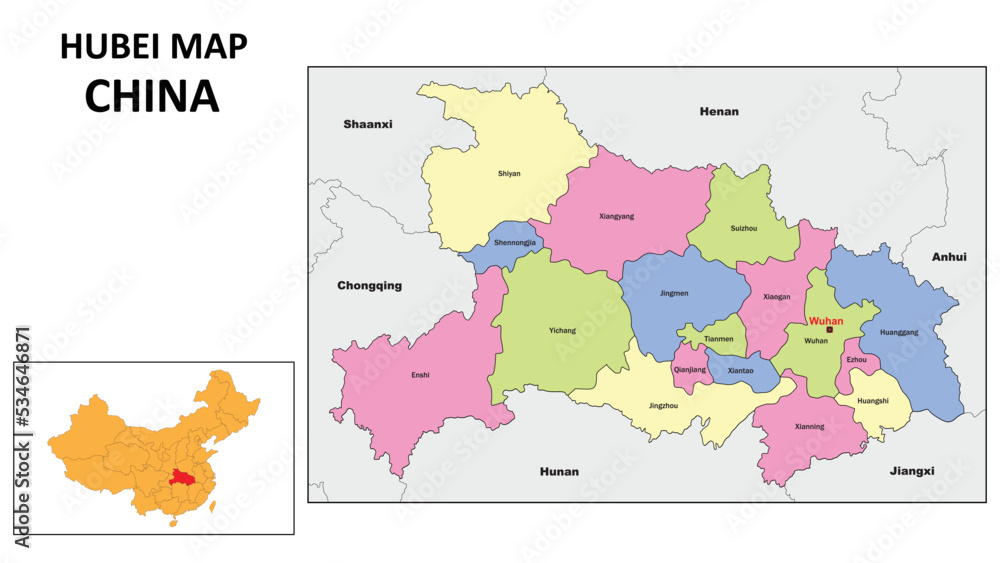 Vetor de Hubei Map of China. State and district map of Hubei. Political ...