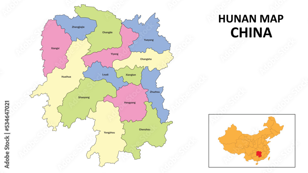 Hunan Map of China. State and district map of Hunan. Detailed colorful ...