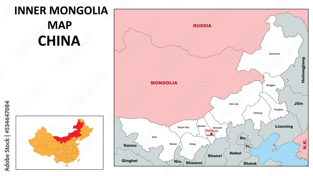 Inner Mongolia Map of China. State and district map of Inner Mongolia ...