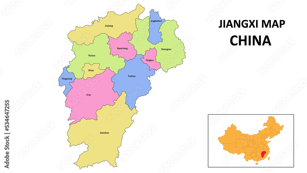 Jiangxi Map of China. State and district map of Jiangxi. Detailed ...
