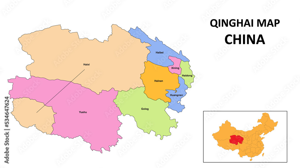 Qinghai Map of China. State and district map of Qinghai. Detailed colourful map of Qinghai ...