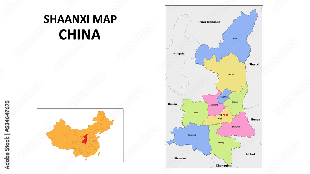 Shaanxi Map of China. State and district map of Shaanxi. Political map ...