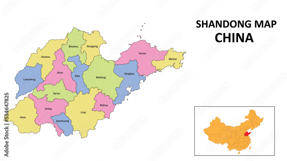 Shandong Map of China. State and district map of Shandong. Detailed ...