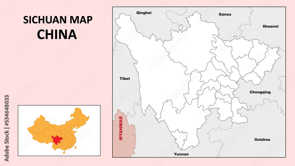 Sichuan Map of China. State and district map of Sichuan. Political map ...