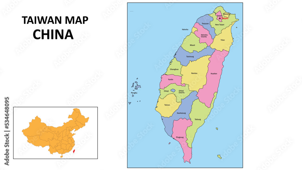 Taiwan Map of China. State and district map of Taiwan. Political map of ...