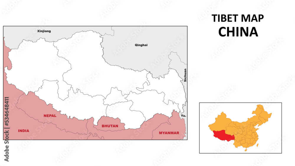 Tibet Map of China. State and district map of Tibet. Political map of ...