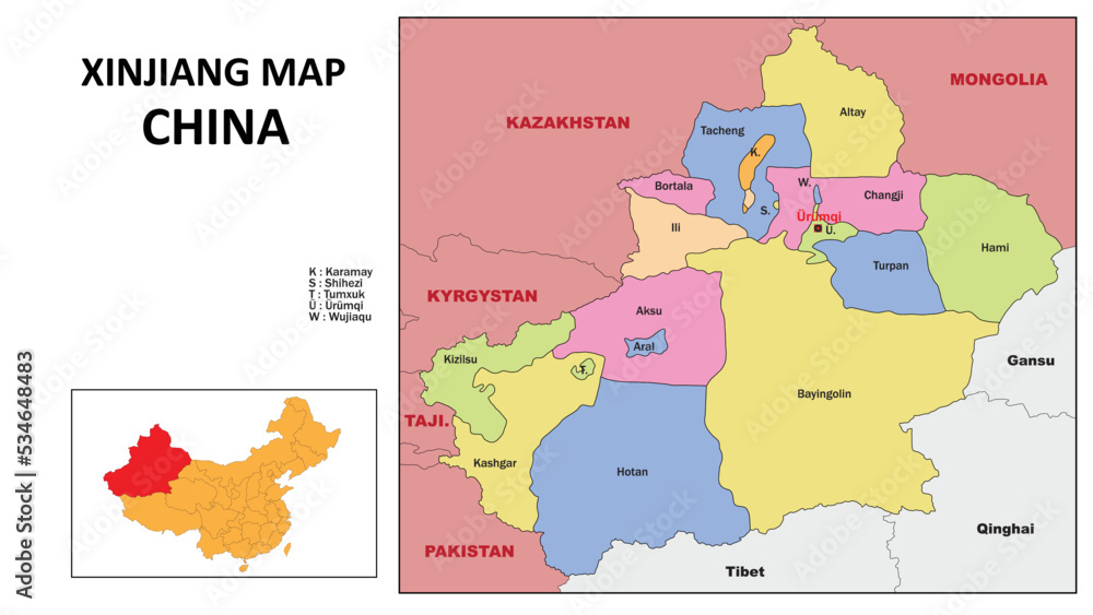 Xinjiang Map of China. State and district map of Xinjiang. Political ...