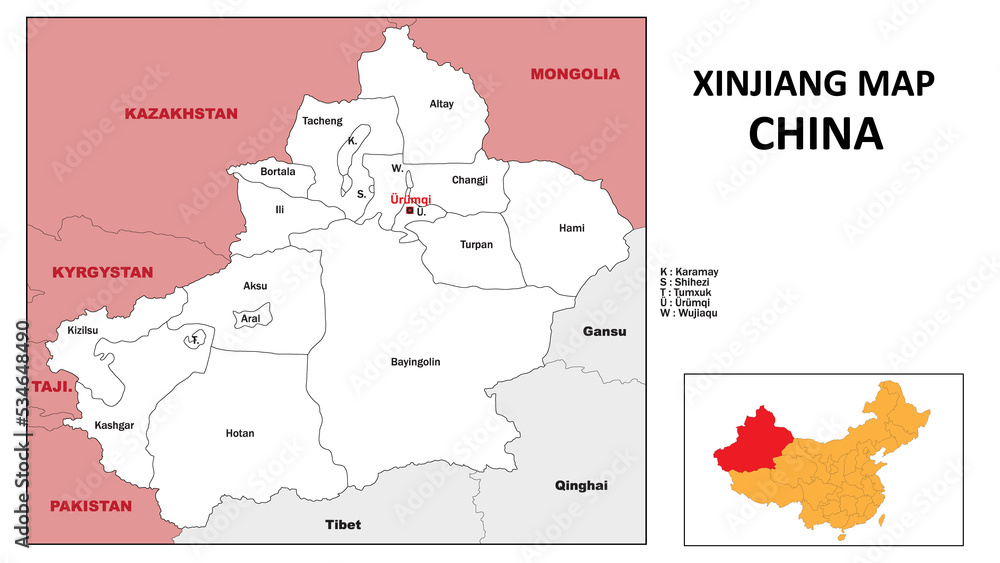 Xinjiang Map of China. State and district map of Xinjiang ...