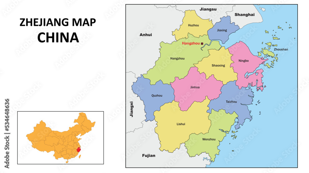 Fototapeta mapa świata dla dzieci Zhejiang Map of China. State and ...