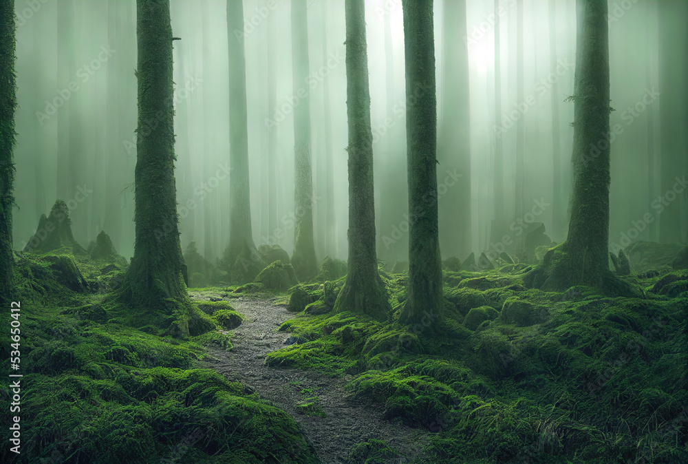 An ancient mysterious forest in the fog. Moss-covered trees and clearings. Dense forest ...