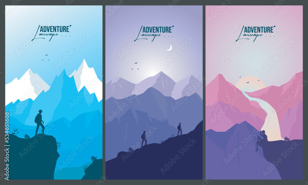 vector set of beautiful mountain climbing adventure with 3 different ...