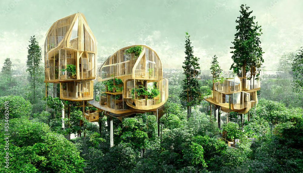 Spectacular image of a sustainable tree house surrounded by greenery in ...