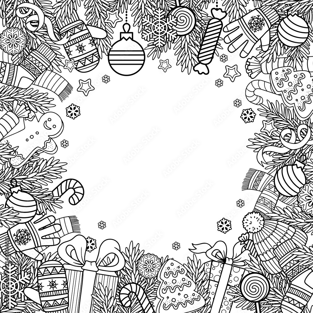 Vector black and white frame for Christmas coloring book for adult ...