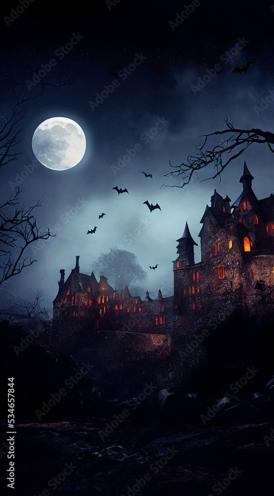 Medieval gothic castle in the dark Halloween with super moon and bats ...