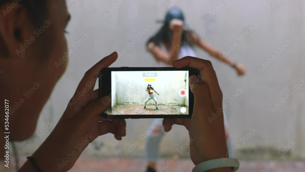 Phone, dance and social media with a woman dancer dancing, recording or ...