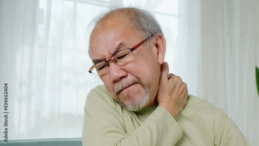 Old man suffering from nape neck pain at home, Elderly acute neckaches ...
