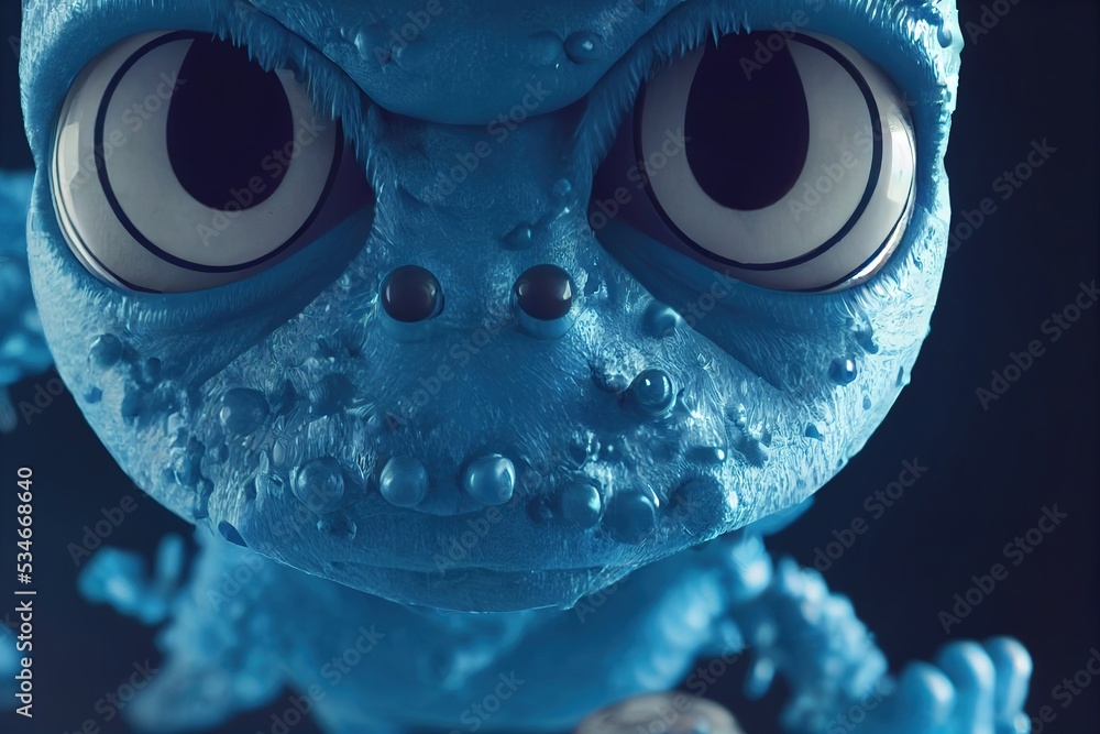 Ugly face of blue bacterium character closeup. Flu disease virus ...