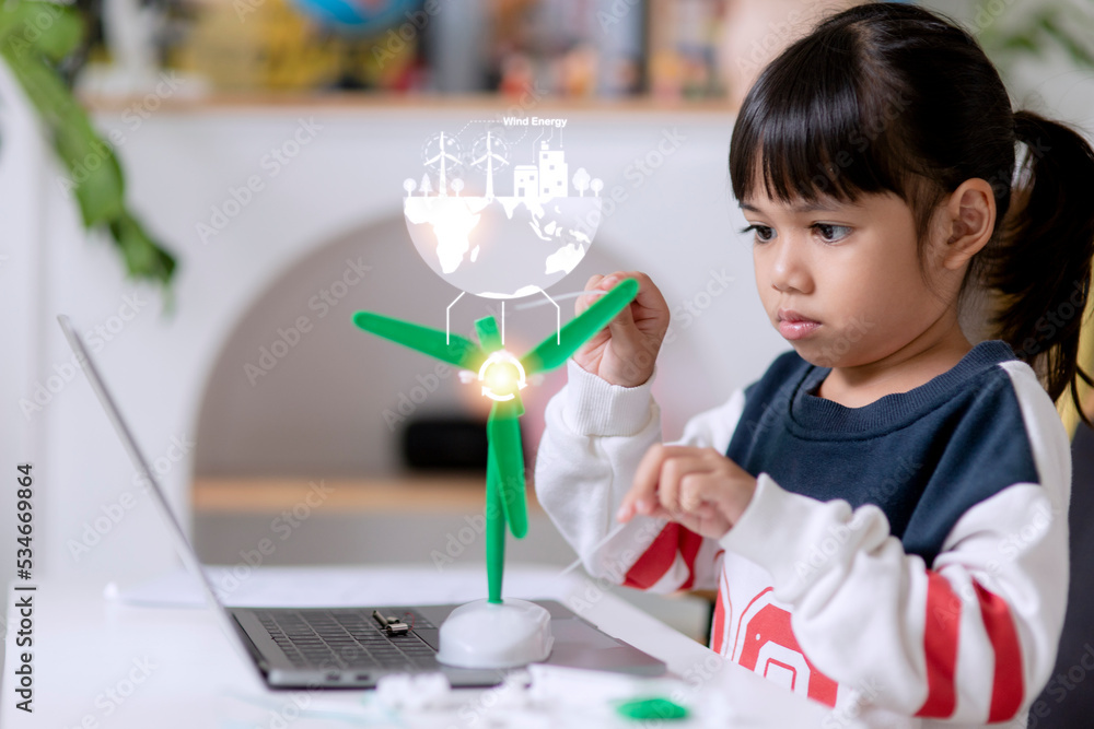 renewable energy, science, and technology concept - happy children with ...