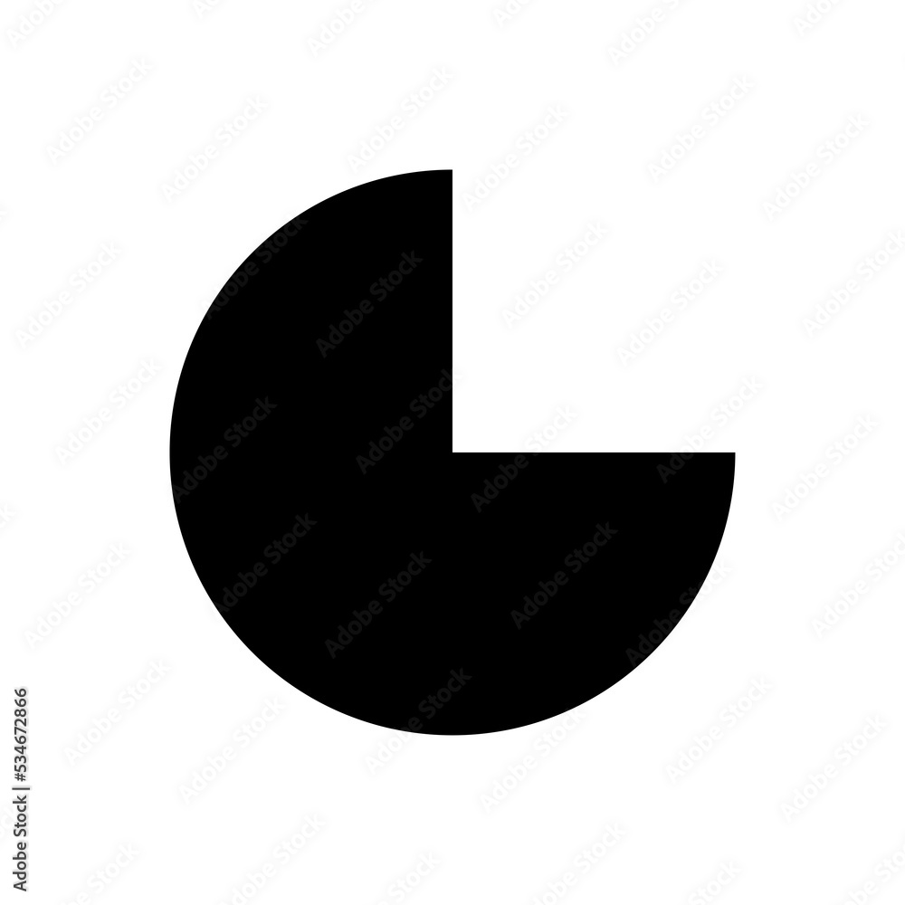 Pie chart, diagram. Black filled divided circle, three quarters shape ...
