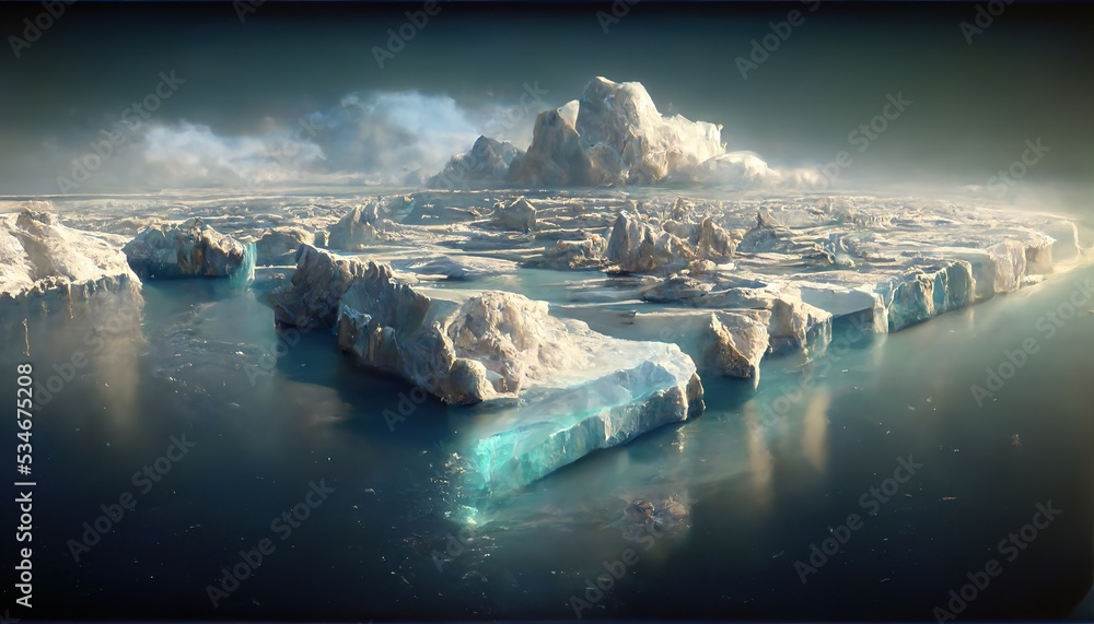 Iceberg floating in cold arctic ocean water with a small part of the ...