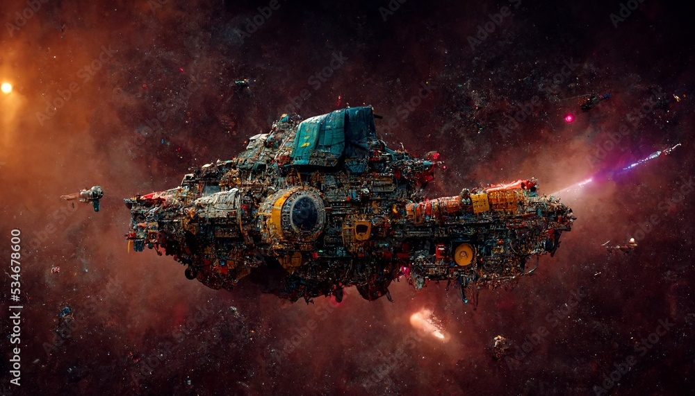 Giant space ships navigating through deep space, nebula, milky way ...