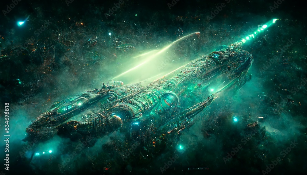 Giant space ships navigating through deep space, nebula, milky way ...