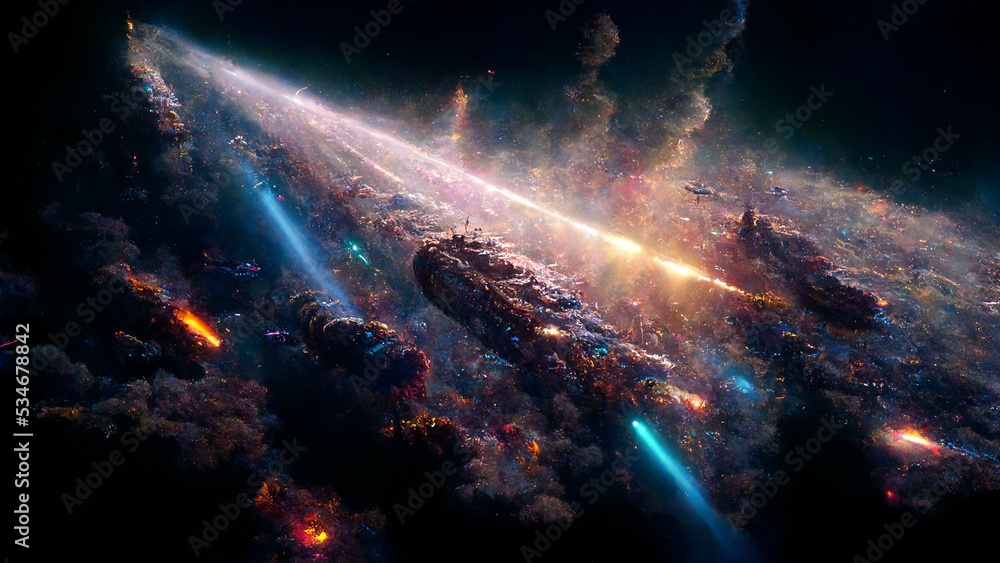 Giant space ships navigating through space war, laser canon. Dark smoke ...