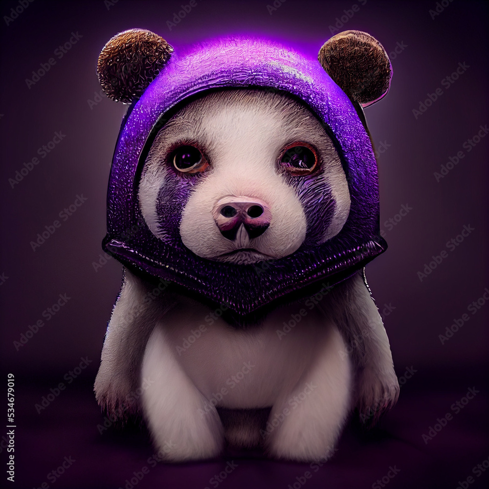 cute and adorable anthropomorphic panda bear with purple head hood ...