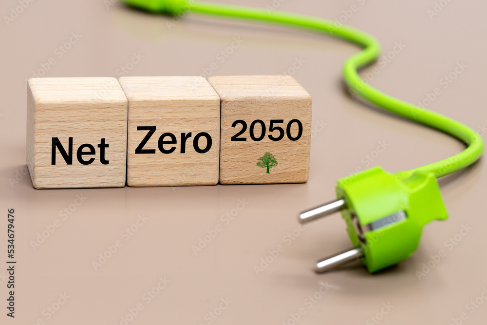 Green plug with a cable, and wooden blocks with the words Net zero 2050 ...