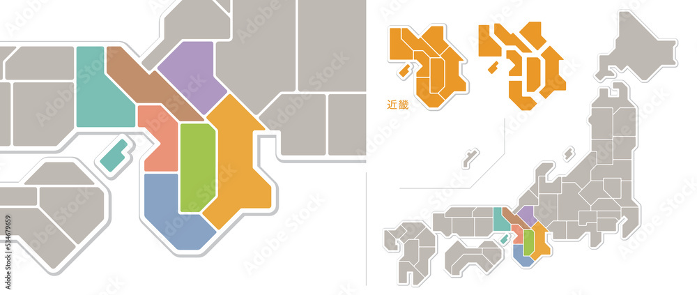 日本地図 近畿地方 色分け シンプル Stock Vector | Adobe Stock
