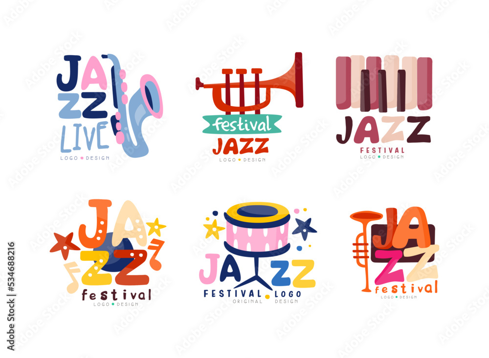 Jazz festival vector logo design set. Musical event hand drawn labels ...