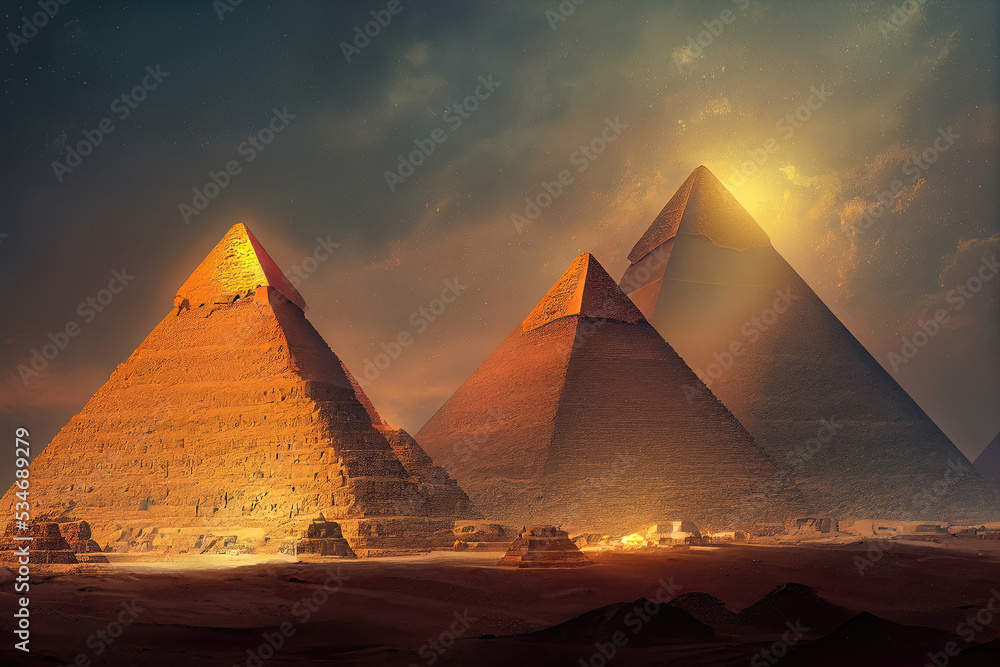 Desert with the great pyramids of ancient Egypt. Giza with pyramids ...